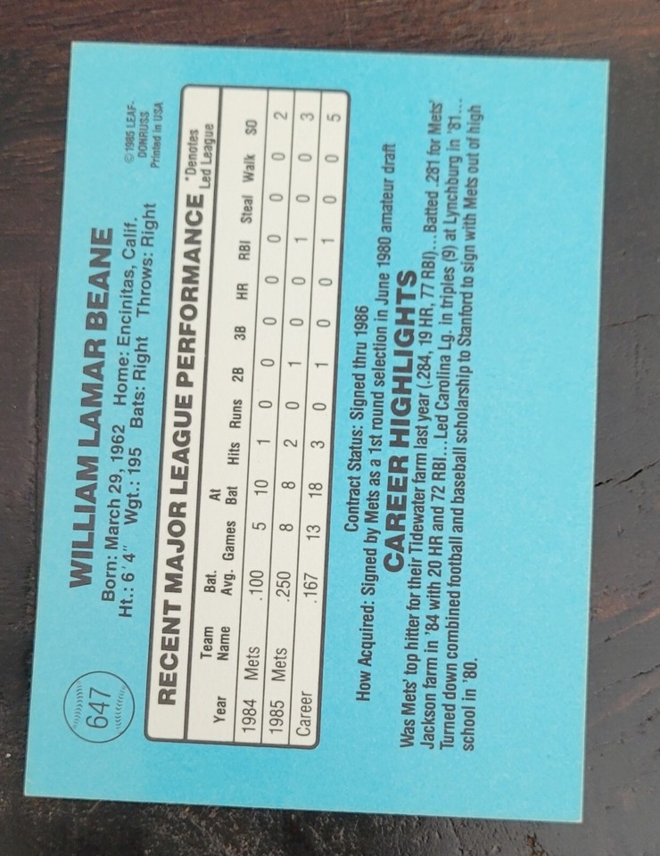 BILLY BEANE Signed 1986 Donruss #647 New York Mets Card Autograph | eBay