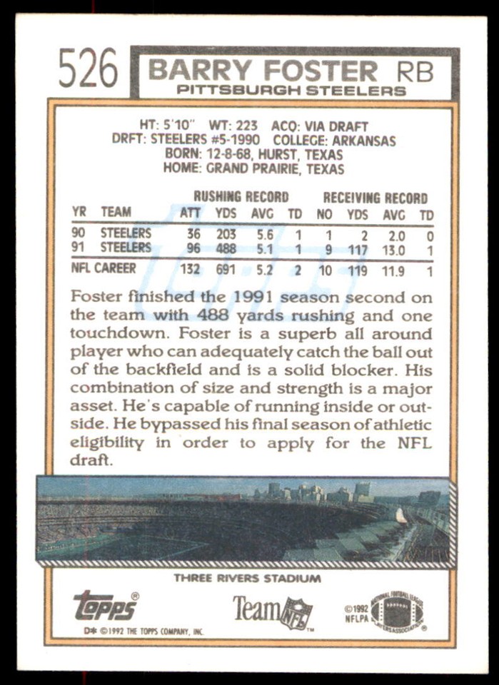 1992 Topps #526 Barry Foster Pittsburgh Steelers | eBay