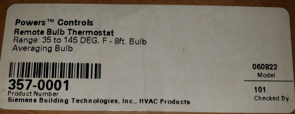 Siemens 357-0001 TH 356/357 Limitem Remote Bulb Thermostat 35-145 Deg 8 ...