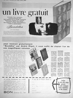 PUBLICITÉ DE PRESSE 1960 LE CLUB FRANÇAIS DU LIVRE BOUDDHA PAR ANDRÉ ...