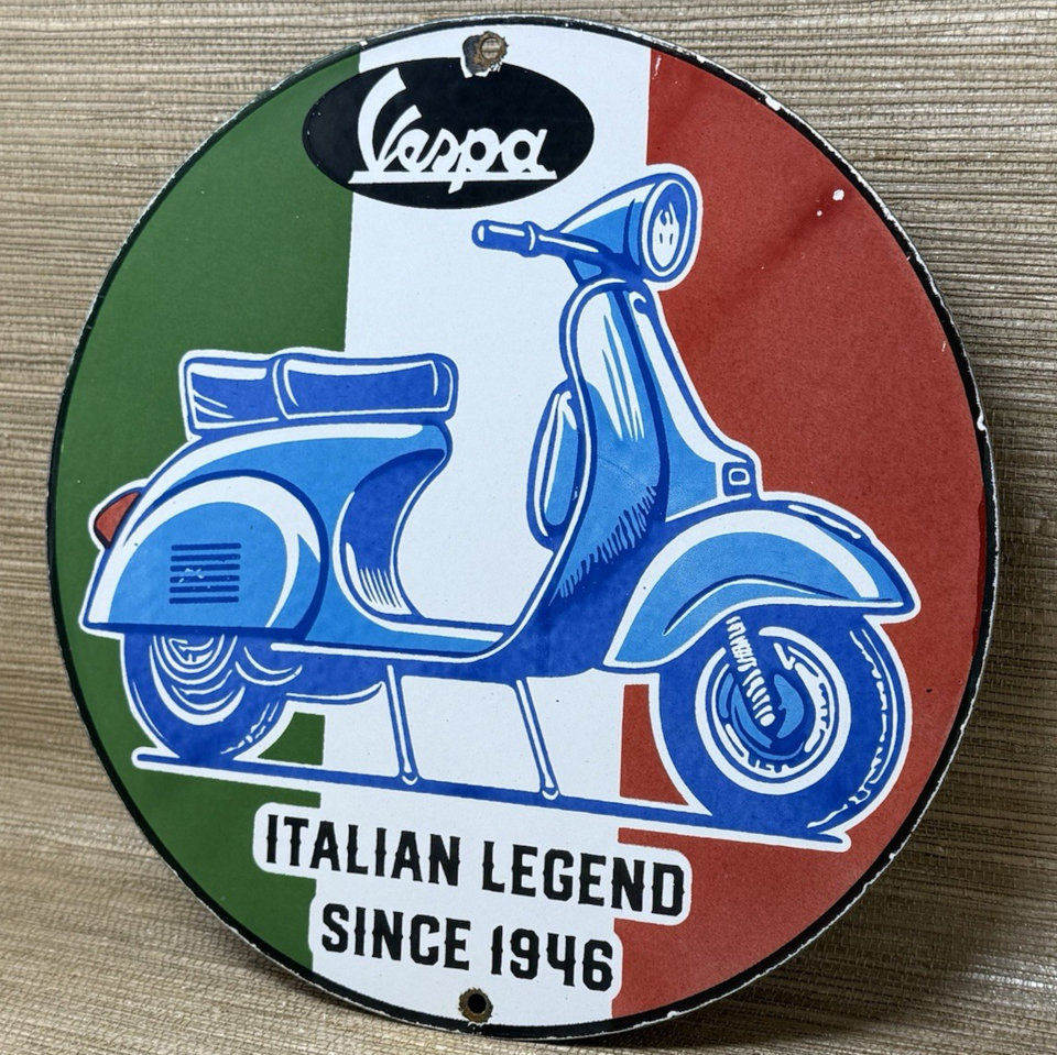 VINTAGE VESPA SCOOTER PORCELAIN SIGN SALES AND SERVICE STATION PUMP ...
