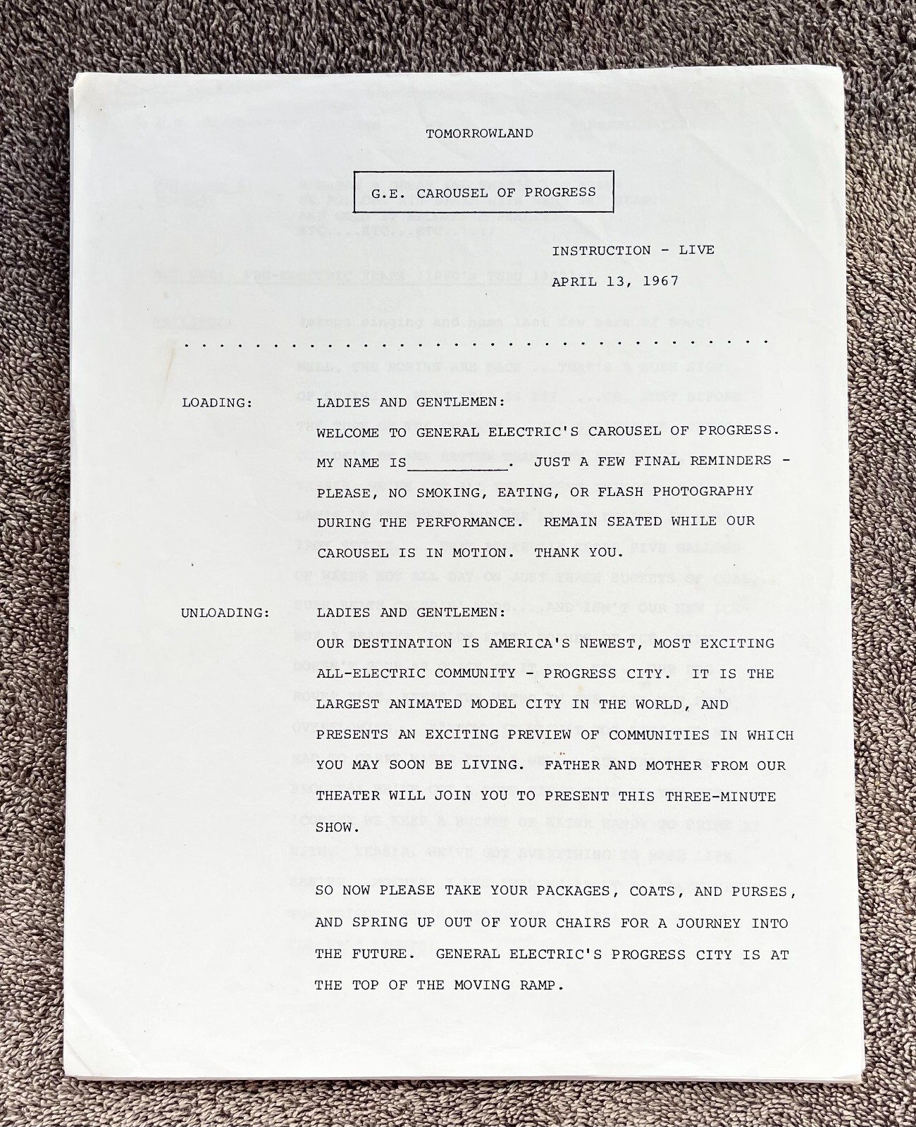 DISNEYLAND 1967 G.E. CAROUSEL OF PROGRESS Prog. City SCRIPT Photocopy ...