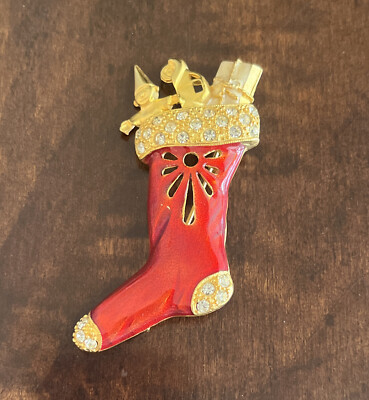Christmas Stocking Brooch Vintage Gold Tone With Red Enamel And White ...