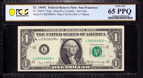 1969 C $1 FEDERAL RESERVE NOTE SAN FRANCISCO FR.1906-L* PCGS B GEM UNC ...