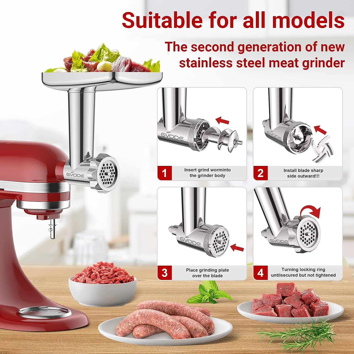 Stainless Steel Meat Grinder for Kitchenaid Mixer, Meat Grinder Sausage ...