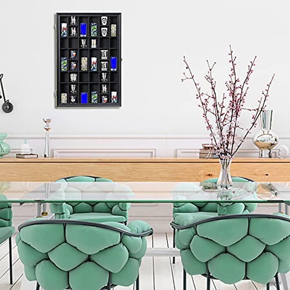 Shot Glass Display Case Large Wooden Cabinet Rack Holder Wall Mounted ...