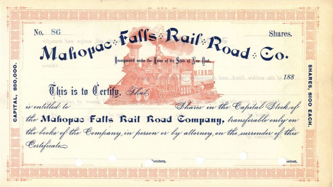 Mahopac Falls Rail Road Co. - Stock Certificate - Railroad Stocks | eBay
