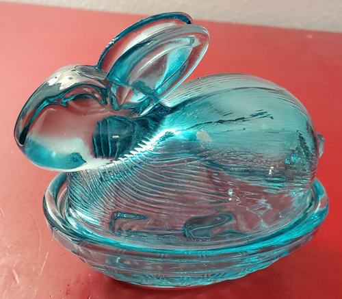Vintage LE Smith Light Blue Aqua Bunny Rabbit on Nest Trinket/Candy ...