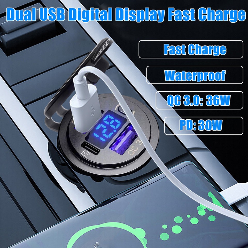 12V QC3.0 Dual USB Car Fast Charger Socket Power Outlet LED Voltmeter ...