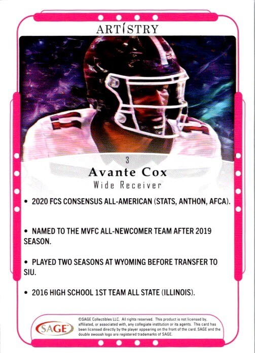 AVANTE COX 2023 SAGE Artistry #3 Baltimore Ravens | eBay