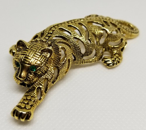 Vintage Tiger Brooch Goldtone Green glass eyes Cutout Negative Space ...