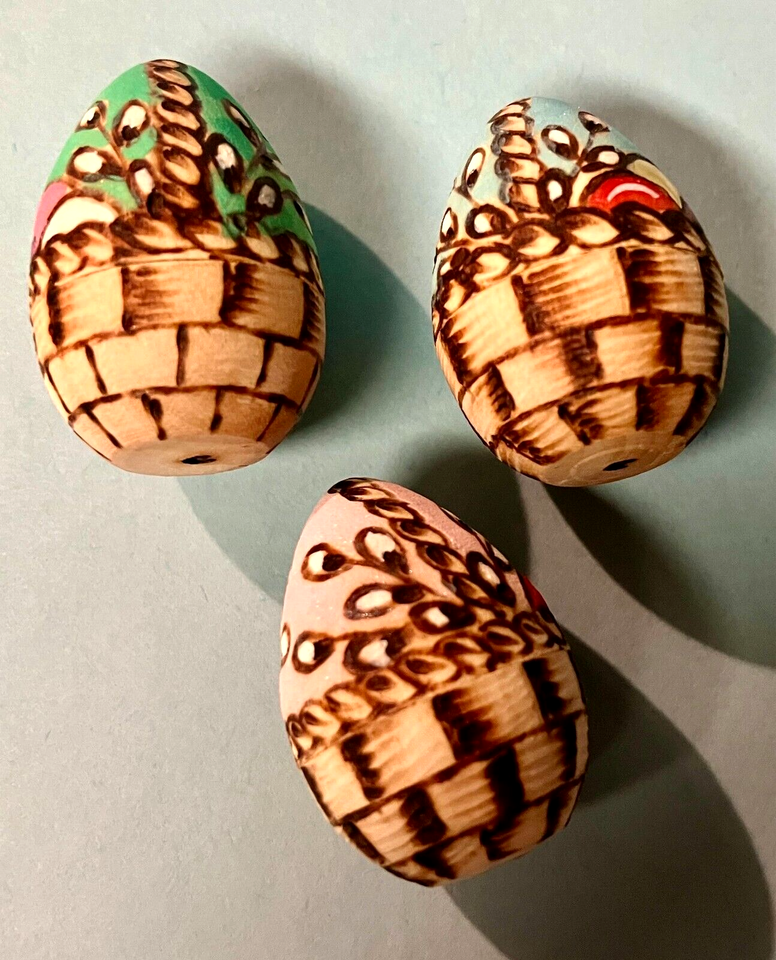 Russian - Hand Painted - Wood Burned Pyrography - Wooden Egg w/ 3 ...