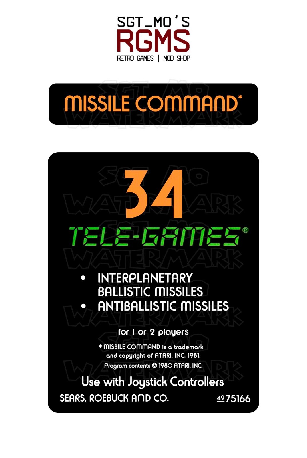 Atari 2600/Sears Tele-Games Replacement Label - Missile Command | eBay