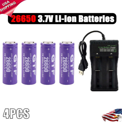 4PCS 26650 3.7V Rechargeable Battery Batteries With 2Slot Charger LOT ...