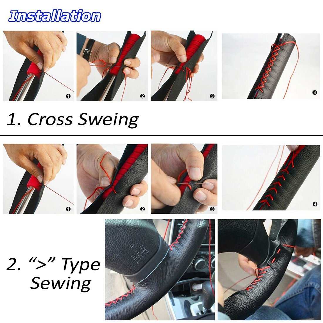 DIY Leather Car Steering Wheel Cover Needle Thread Anti-slip Beige For ...