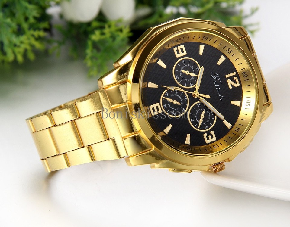 Fashion Business Mens Luxury Gold Tone Quartz Stainless Steel Wrist ...