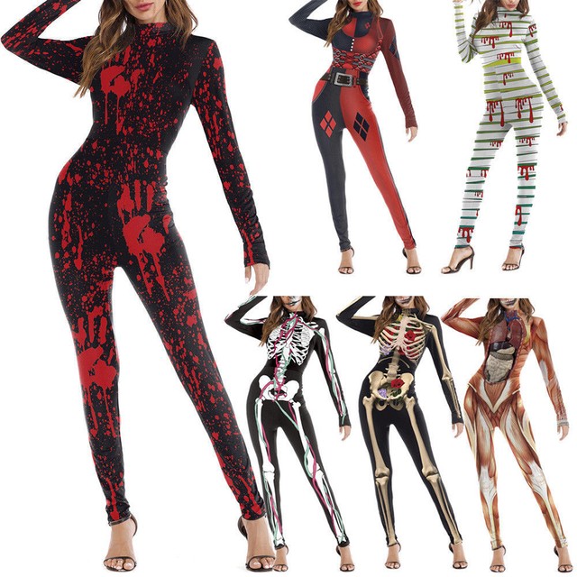Women Skeleton Bone Frame Jumpsuit Bodysuit Halloween Cosplay Fancy ...