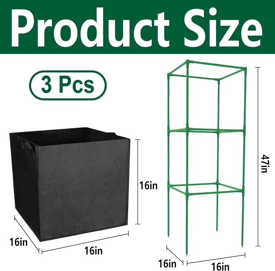 3 Packs 47 x 16 x 16 Inch Garden Tomato Cages with 17.7 Gallon Grow ...