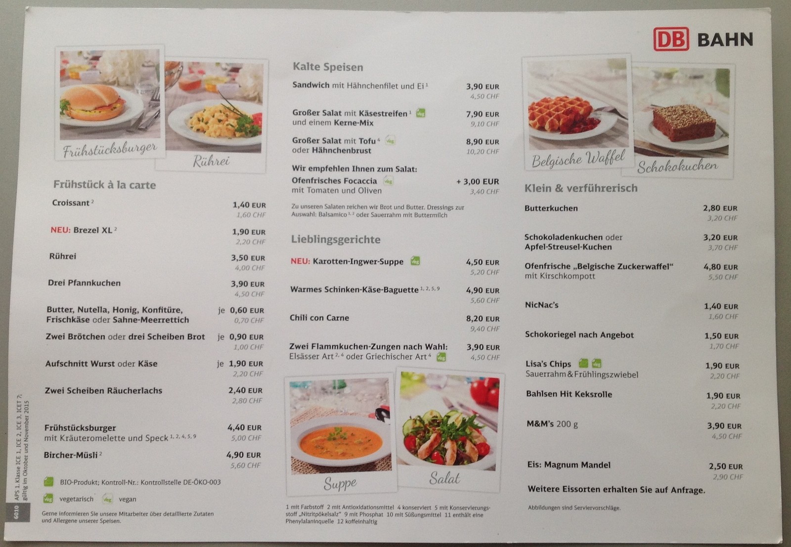 DB Deutsche Bahn 1. Klasse Bordrestaurant Oktober/November 2015 ...