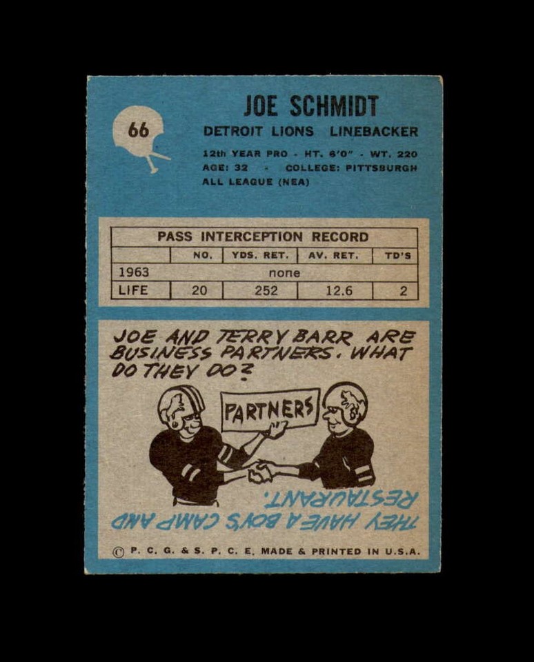 Joe Schmidt Signed HOF 1964 Philadelphia Gum Detroit Lions Autograph | eBay