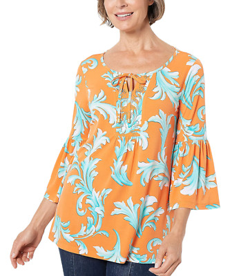 Susan Graver Passport Printed Liquid Knit Tunic wEmbellishment Orange ...