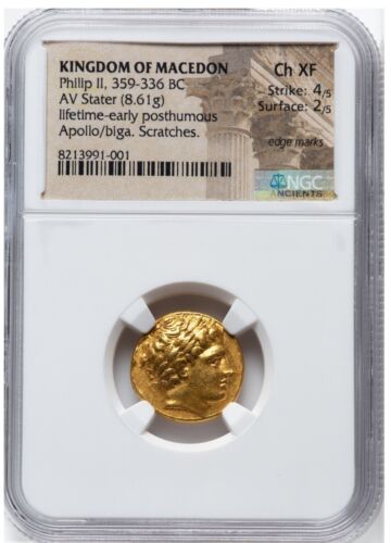MACEDONIAN KINGDOM. Philip II (359-336 BC). AV stater 8.61 gm NGC ...