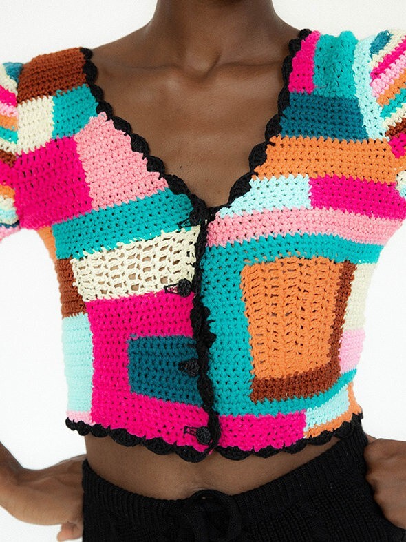 NWT $315 TACH TINI CROCHET MULTI COLORBLOCK STRIPE HAND KNIT CARDIAN ...