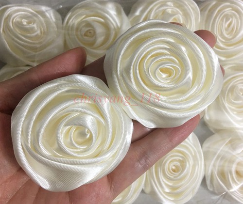 Lot 24pc 50mm 2" Ivory Satin Ribbon Rose Flowers DIY Wedding Bouquet ...
