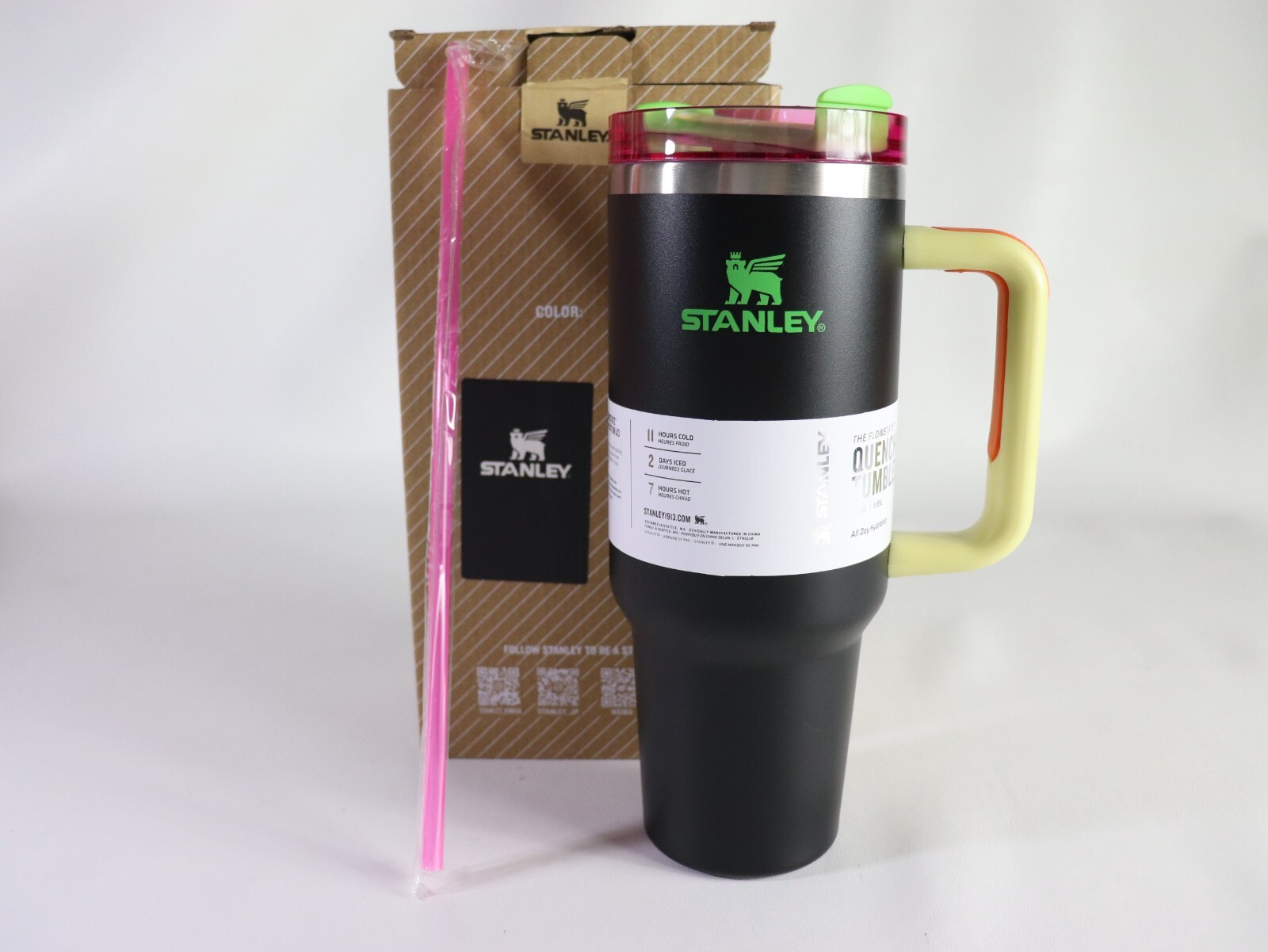 Stanley Tumbler 40 oz Flowstate Quencher H2.0 BLACK NEON SPRING FLING ...