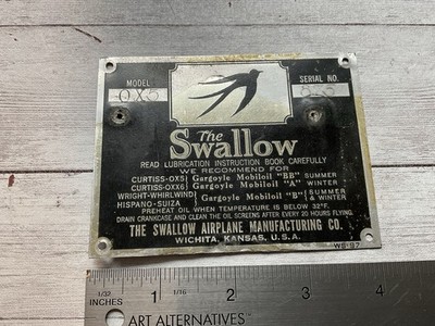 ORIGINAL POST WWI SWALLOW OX5 AIRCRAFT DATA SPEC NAME PLATE WICHITA ...