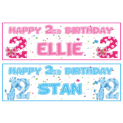 2 PERSONALISED HAPPY 2nd BIRTHDAY BANNERS - BOY OR GIRL-PINK OR BLUE ...