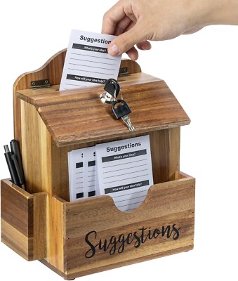 Wall Mountable Brown Wood Suggestion Box w/ Comment Card Slot, Pen ...