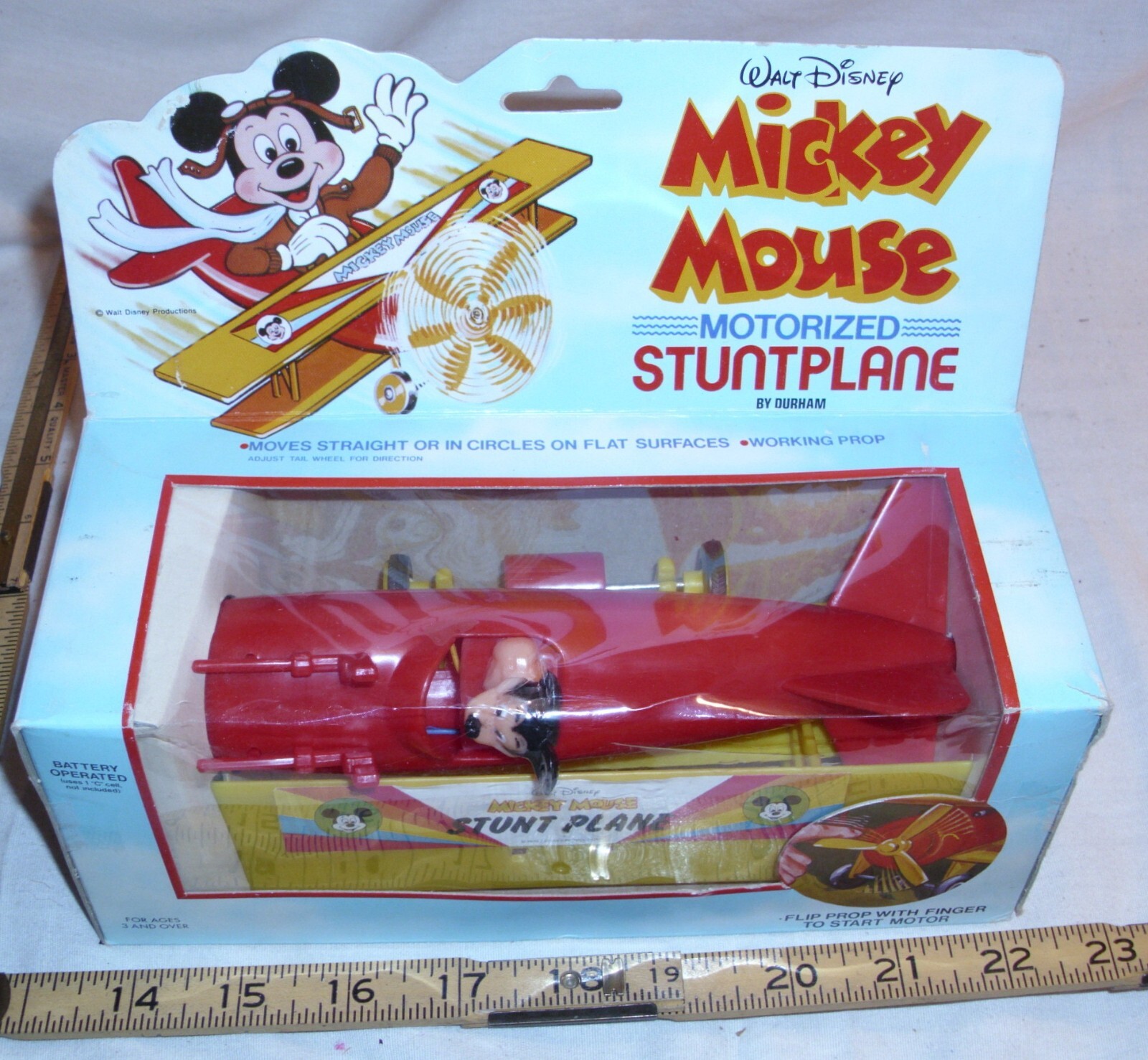 WALT DISNEY MICKEY MOUSE MOTORIZED STUNT PLANE TOY DURHAM 1970s NEW ...