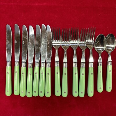 VINTAGE PLASTIC RIVET HANDLE STAINLESS 14 PC LOT FLATWARE SET. MADE IN ...