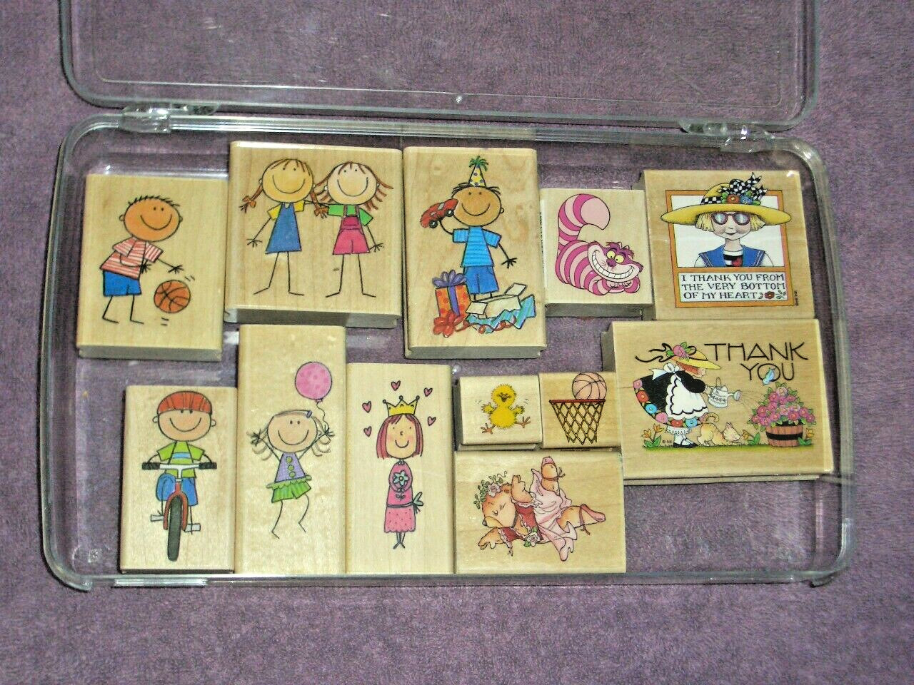 Nice set of 12 Wooden Rubber Stamps Kids Animals Sports Mostly Large in ...