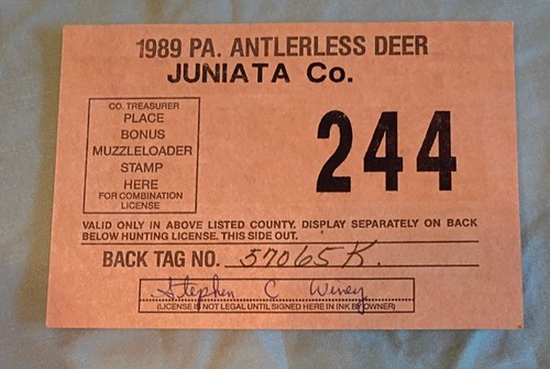 1989 PA Pennsylvania Hunting License Juniata County Doe Low # 244 | eBay