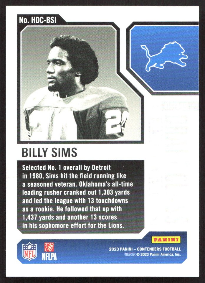7876I 2023 Contenders #HDC-BSI Billy Sims Historic Draft Class ...