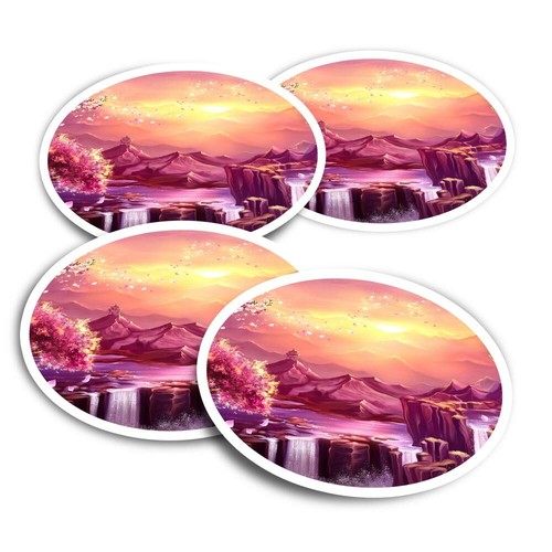 4x Round Stickers 10 cm - Pink Japanese Landscape Sunset #14437 | eBay