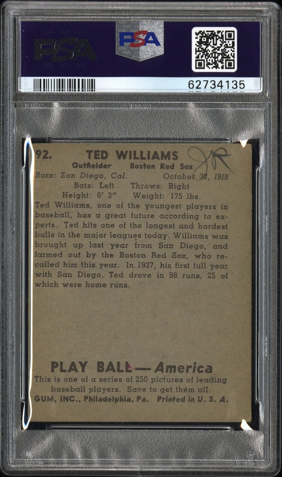 1939 Play Ball Ted Williams ROOKIE #92 PSA 4 MK | eBay