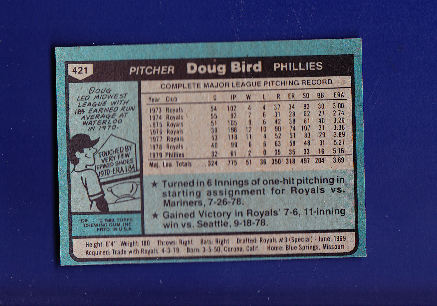 Doug Bird 1980 TOPPS MLB Baseball #421 (NM+)(OC) Philadelphia Phillies ...