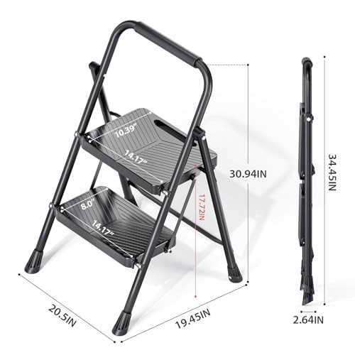 Folding Step Stool with Safe-Lock Design, 500 lbs Sturdy Steel 2 Step ...