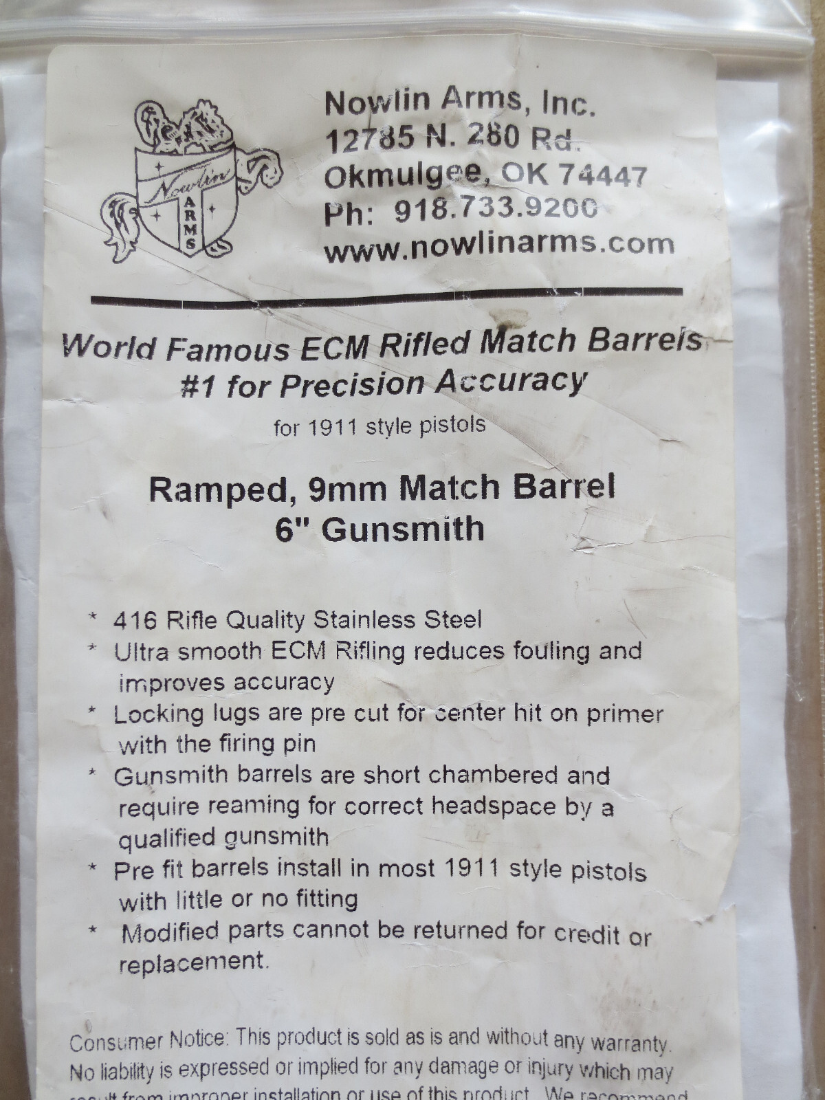 Nowlin 1911 Government Barrel 9mm Match SS 6" Wilson/Nowlin Ramp ...