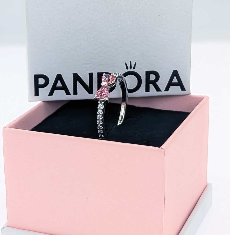New 100% Authentic PANDORA 925 Ale Silver Pave Sparkling Pink Bow Ring ...