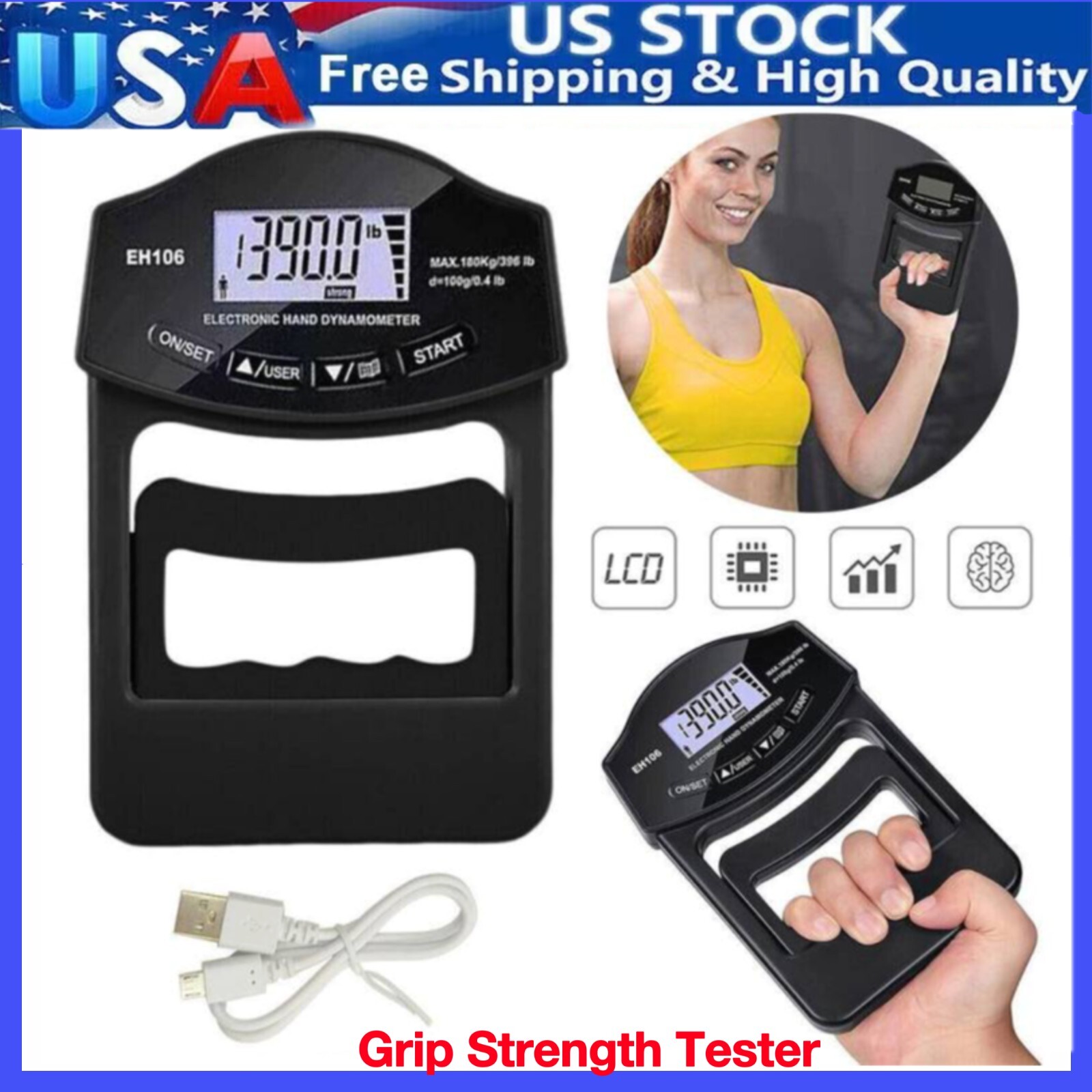 Grip Strength Tester 396Lbs/180Kg Digital Hand Dynamometer Grip ...