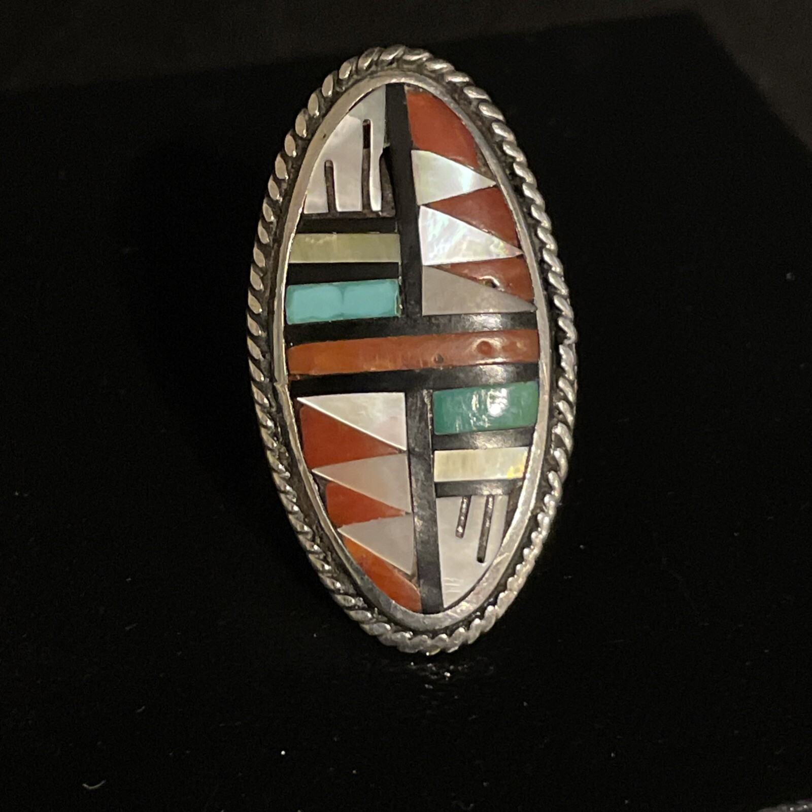 Zuni Inlay Ring Marked J. R. B - Gem