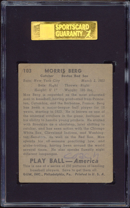 1939 Play Ball #103 Moe Berg SGC 2 ~ Moe Berg Personal Collection ...