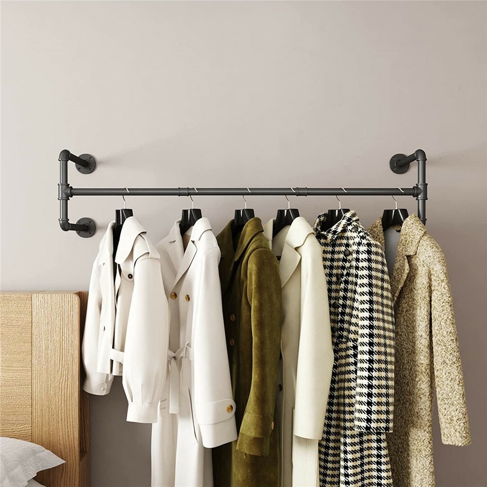 Wall Mount Garment Clothes Closet Storage Rack Hanging Rail Iron Pipe ...