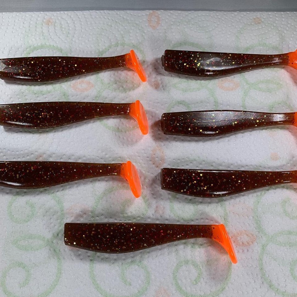 25ct Lot 4” Inch swimbait Root beer Fire Paddle Tail Shad Soft Plastic ...
