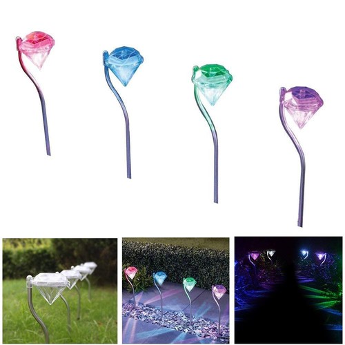 Set of 4 LED Color Changing Outdoor Solar Diamond Stake Garden Walkway ...
