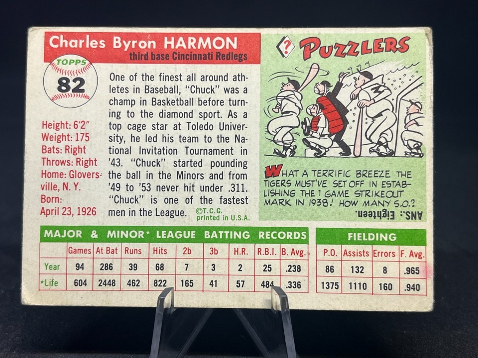 1955 Topps Baseball Card Chuck Harmon #82 BV $15 Vg Range AM | eBay